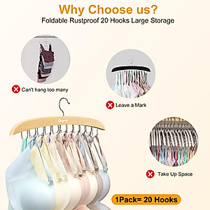 Bra Hanger for Closet, 2 Pack w/20 Hooks Tank Top Hanger Space Saving Holds 40 Bras, Premium Wooden Metals Hook Foldable Tank Top Organizer, 360°Rotating Closet Organizers and Storage for Dorm