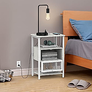 DOMYDEVM White Nightstand with Charging Station End Side Table with USB Ports and AC Outlets Modern Bedside Tables with Flip Storage Drawer and Open Shelf for Bedroom Living Room Office Dorm 1 Pack