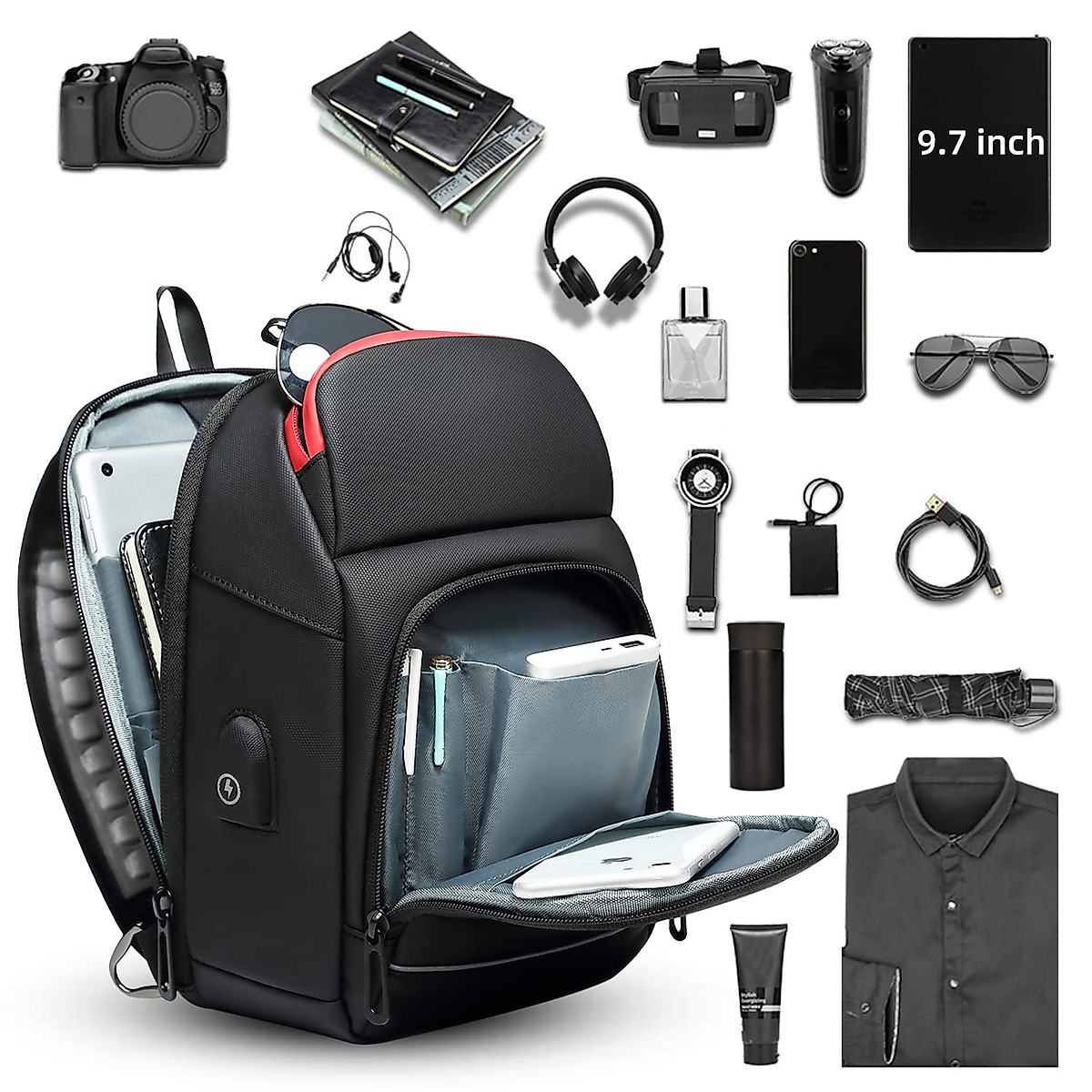 Mens Shoulder Bag for 9.7 inch Tablet,Black Cross-body Chest Sling Pack with USB Charging Port
