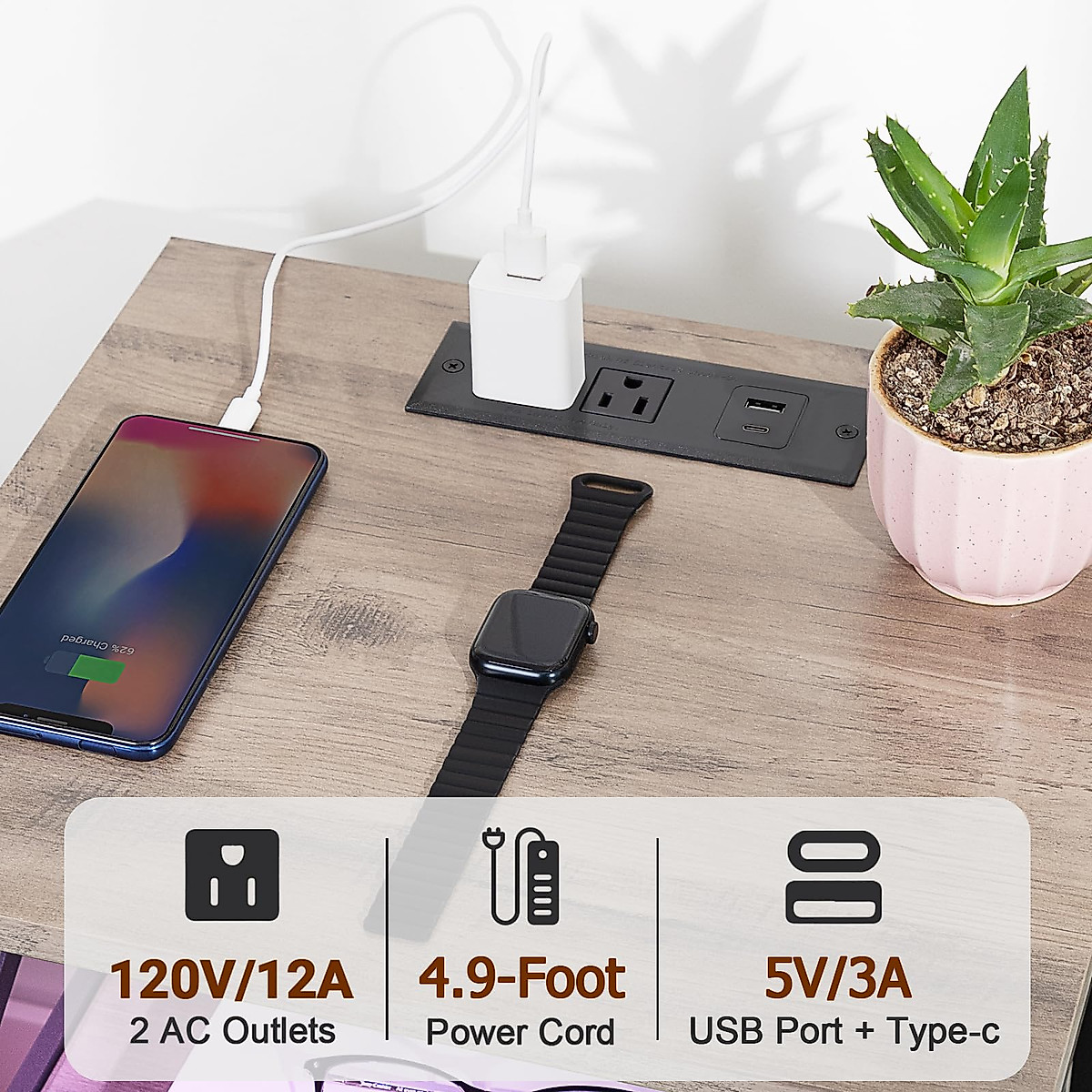 AMHANCIBLE Night Stand Set 2, LED Nightstands for Bedroom Set of 2 with Charging Station, End Table with USB Port and Outlet, Side Table with 2 Storage Drawers for Living Room, Greige, HET052LGY