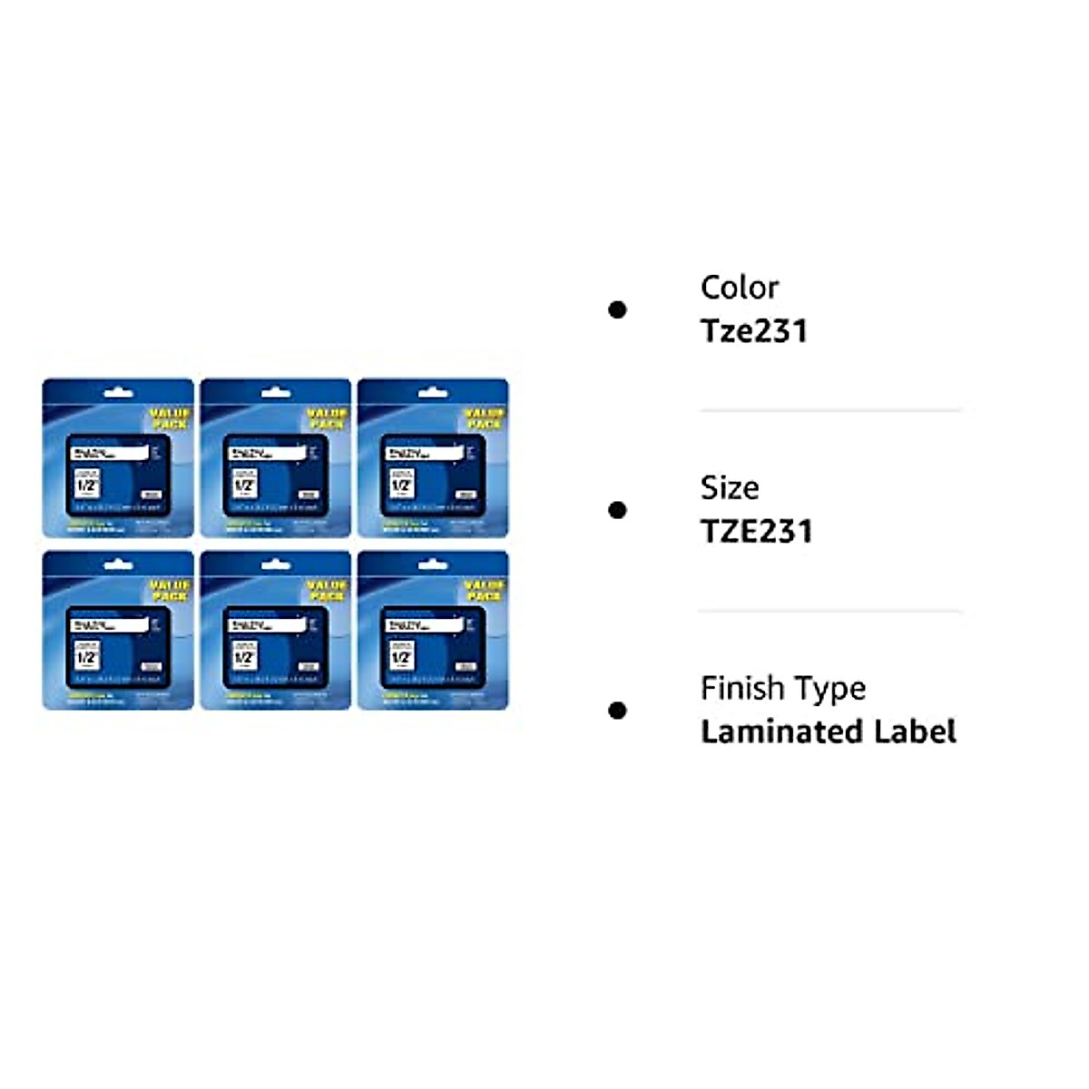 T-Ze231 Compatible Label Tape Replacement for Brother PTouch TZe-231 TZe231Tape, 6 Packs 0.47" x 26.2'(12mm x 8m), Black on White