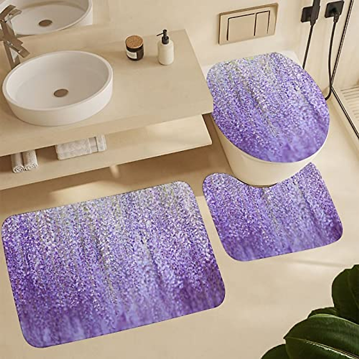 Habilboi Bath Mat Set 3 Pieces Bathroom Mat Field of Floral Spring Purple Flowers 16x24inch Non-Slip Bathroom Decor Doormat Runner Rugs, U-Shaped Toilet Floor Mats, Toilet Seat Cover