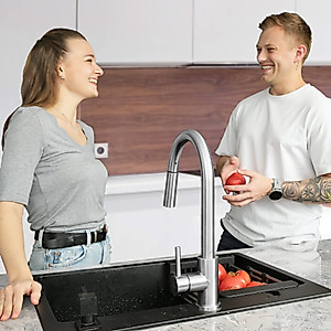 Kitchen Faucet with Soap Dispenser, APPASO Kitchen Faucet with Pull Down Sprayer, Brushed Nickel Kitchen Sink Faucets with Sprayer, Modern Kitchen Faucet for RV Bar Sink, Durable Stainless Steel