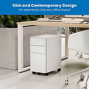 Mount-It! Mobile File Pedestal, File Cabinet with 3 Drawers, Slim Design Under Desk Storage for Files, Folders and Office Supplies, Organizer Cabinet with Lock for Home and Office, White