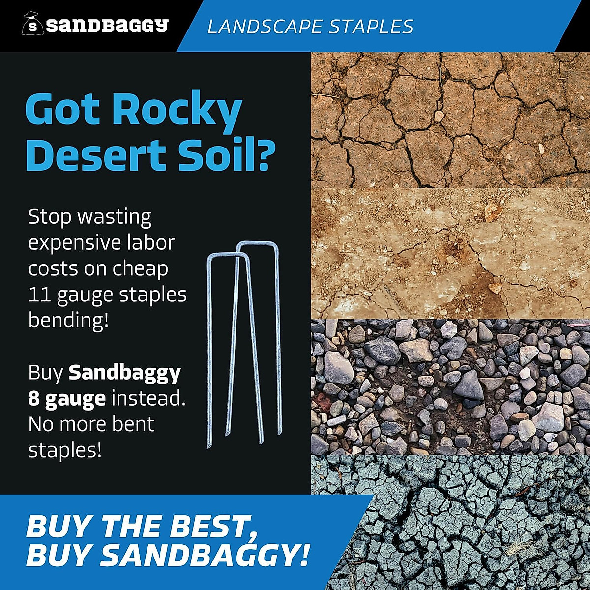 Sandbaggy 6 inch Landscape Sod Staples (8 Gauge Steel) | Great for Hard & Rocky Soil | 40% Thicker Than Standard 11 Gauge Staples | Trusted by Farmers & Contractors Across USA (100 Staples)