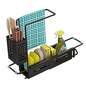 Telescopic Sink Storage Rack, Chopstick Holder, Rustproof Adjustable Kitchen Bath Organizers, for Kitchen Sponge, Sink Plug, Brush, Rag,Black