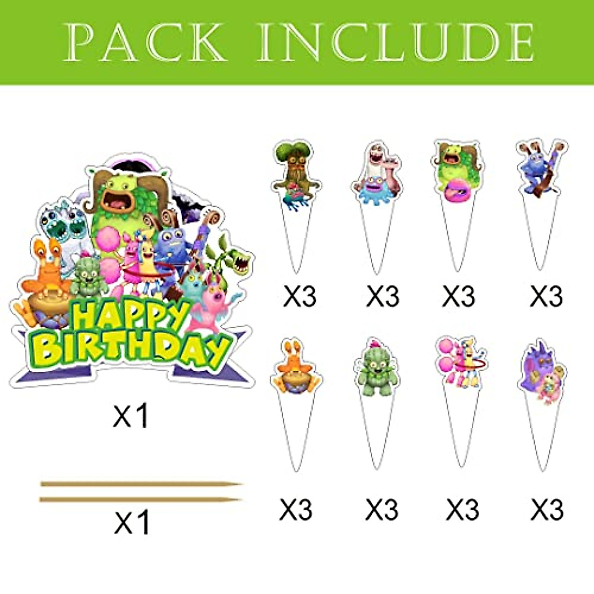 25pcs Singing Monsters Cake Decorations with 24pcs Cupcake Toppers, 1pcs Cake Topper for Singing Monsters Birthday Party Supplies