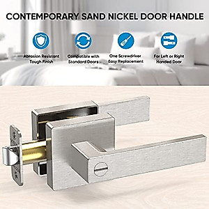 TICONN 5Pk Door Handle Heavy Duty, Reversible Square Door Lever for Bedroom, Bathroom and Rooms (Satin Nickel, Privacy, 5 Pack)