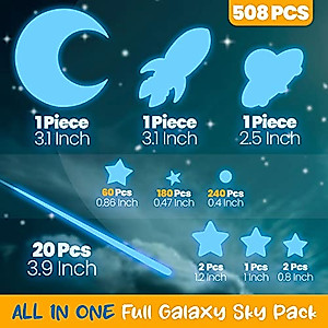 Glow in The Dark Stars for Ceiling, Outer Space Blue Wall Stickers,Galaxy Universe Wall Decal Shooting Stars Rockets,508 Pcs for Kids Boys Girls Bedroom Nursery Playroom Room Decoration