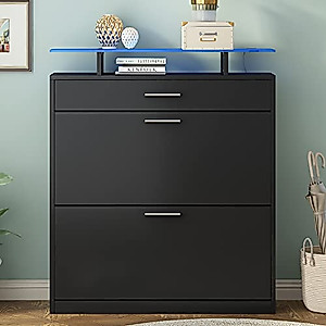 Polibi Shoe Storage Cabinet with 2 Large Flip Drawers and Temper Glass Shelves, Free Standing Shoe Rack Modern Shoe Organizer with LED Lights for Living Room, Bedroom, Entryway, Black