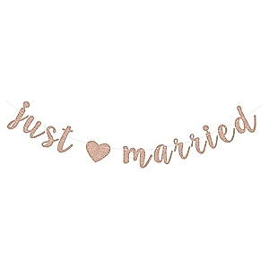 Glitter Just Married Banner for Wedding Bunting Bridal Shower Garland Bachelorette Party Decoration Wall Paper Sign - Rose Gold