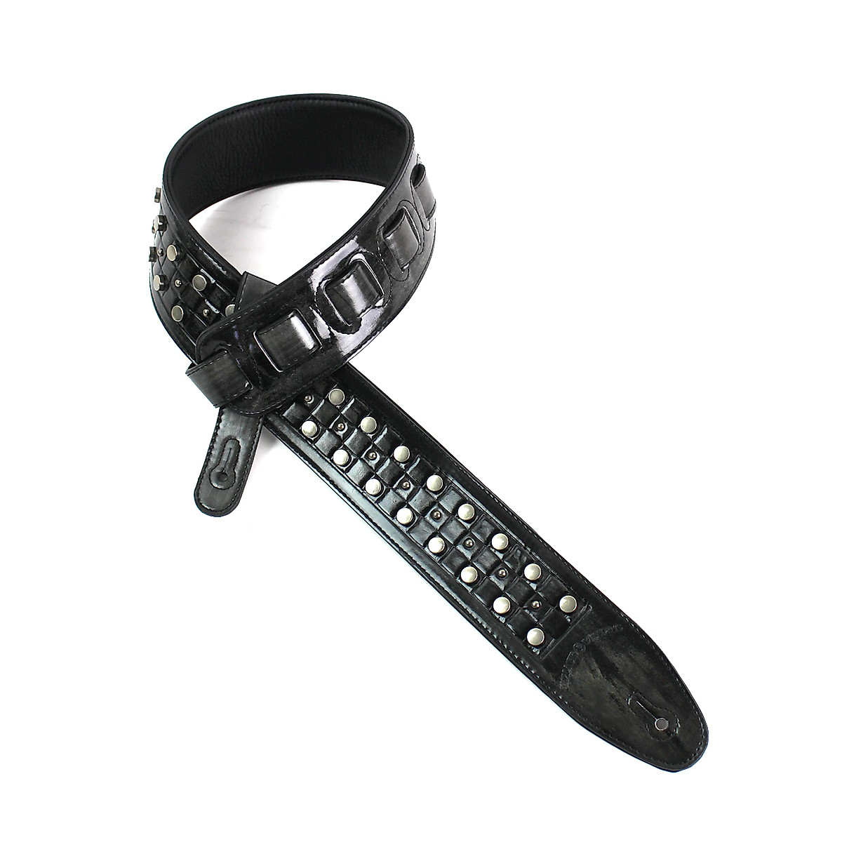 Walker & Williams DLX-215 Antiqued Black Finish Padded Guitar Strap with Metal Studs For Acoustic, Electric, And Bass Guitars