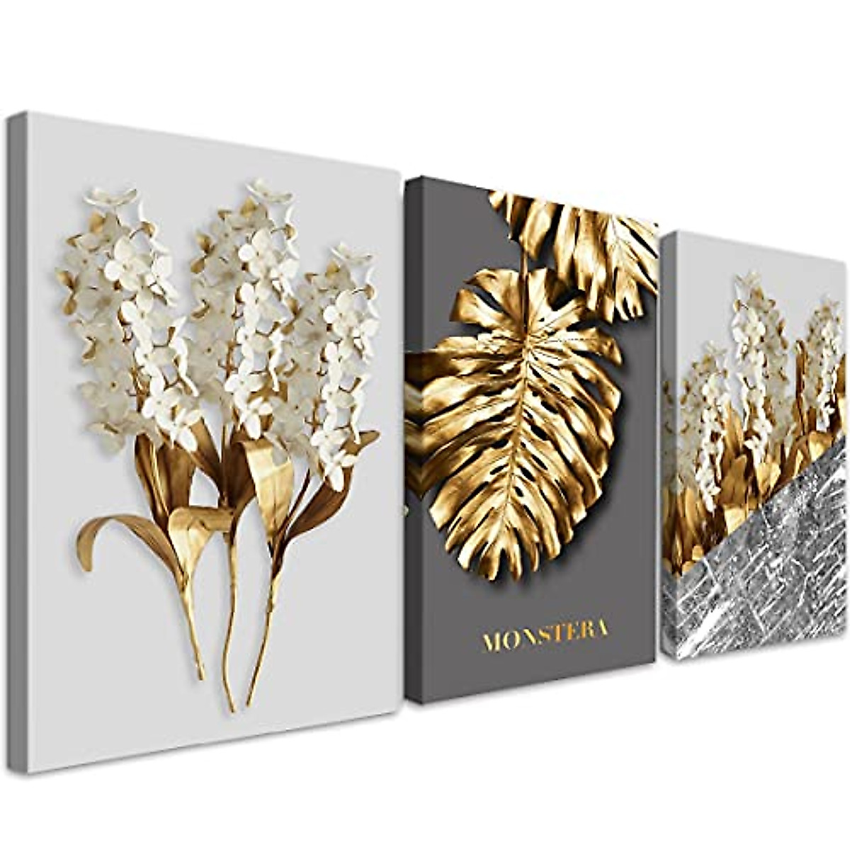 QTESPEII Large Modern Canvas Wall Art Hyacinth Painting White Flower Gold Leaf Canvas Prints for Living Room Bedroom Office Wall Decor Framed Home Office Walls Decorations, 16"x24" 3 Pieces