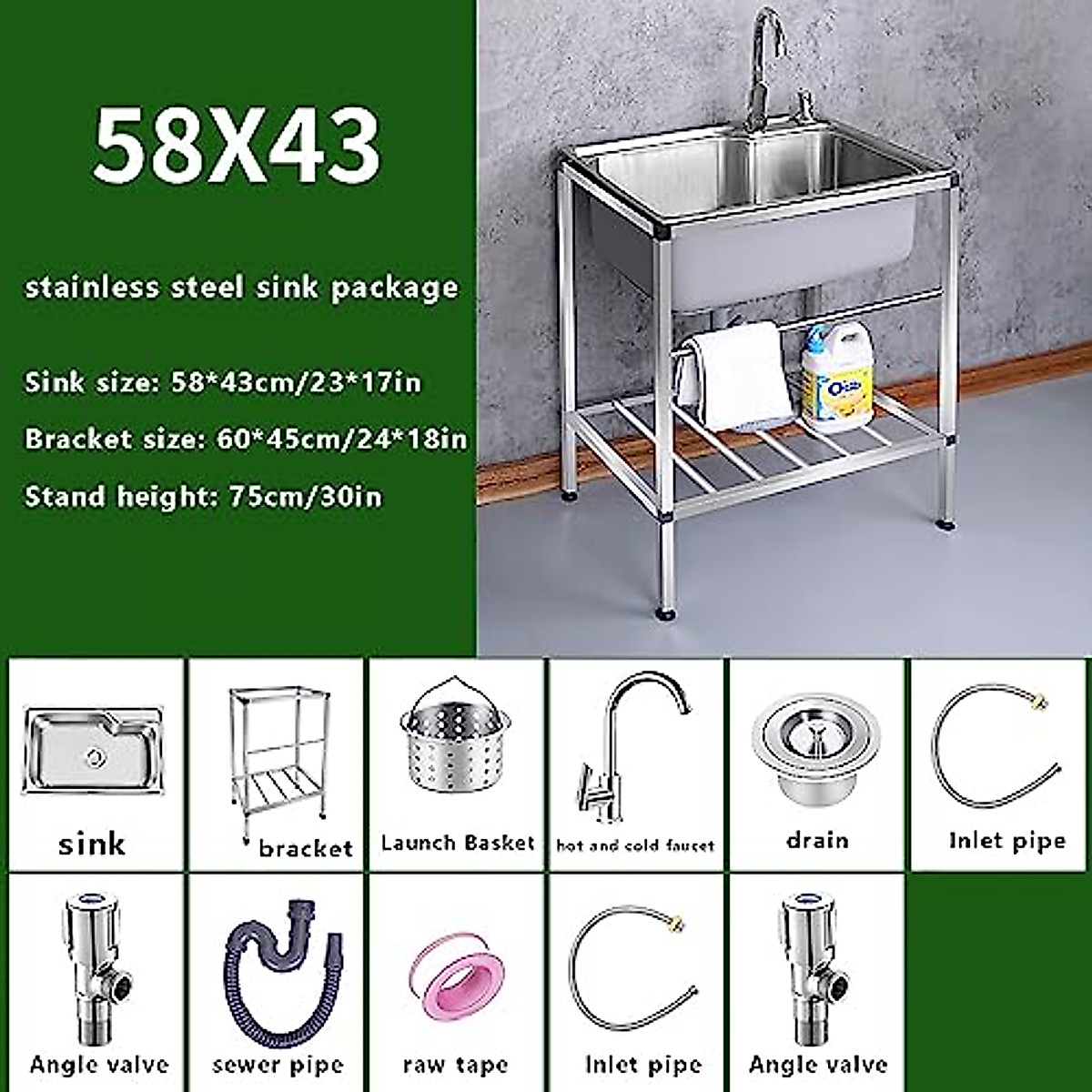 ORNBDDM Outdoor Sink, Commercial Stainless Steel Sink,Single Bowl Commercial Kitchen Sink w/Workbench, Utility Kitchen Sinks W/Faucet/Drain Kit 60 * 45cm/24 * 18in