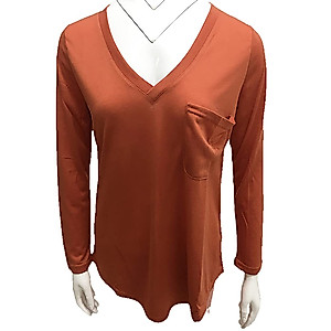 Janepam Womens Tops Shirt Solid Color Plain Long Sleeve Deep V-Neck Low-Cut Long Sleeve Pocket Base Layer Casual Blouse(A Caramel,XL)
