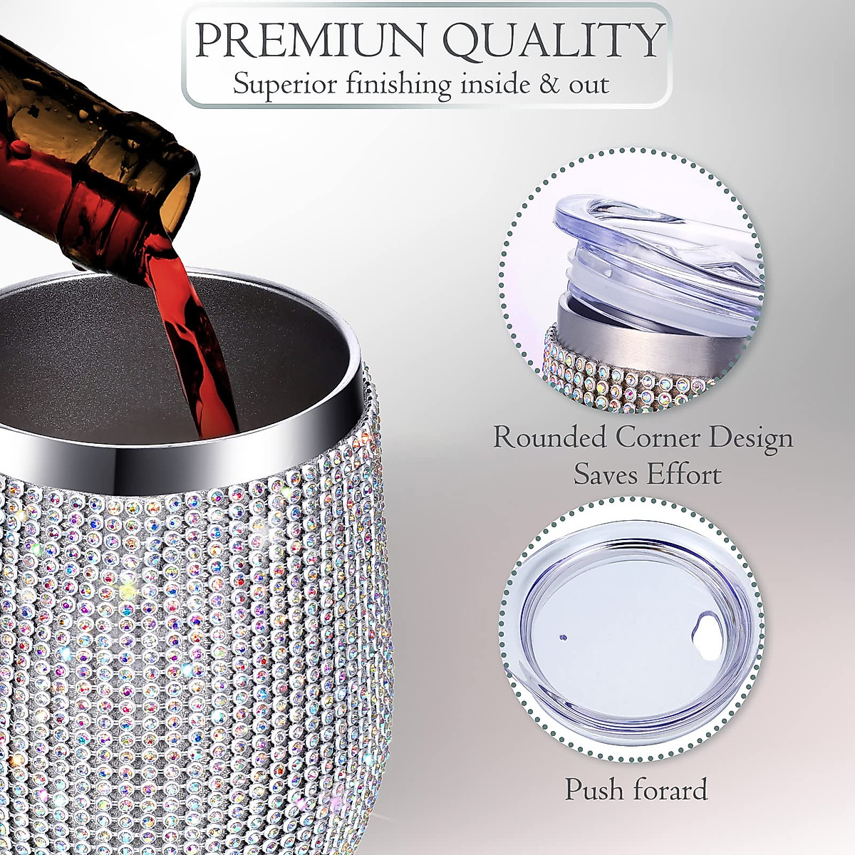 Bling Water Bottle Bling Wine Tumbler Diamond Tumbler Rhinestone for Glitter Wine Glass Tumbler Girls Trip Cups, Straw, Straw Brush and Cup Brush for Wine Coffee Cocktails Champaign (AB Color, 1 Set)