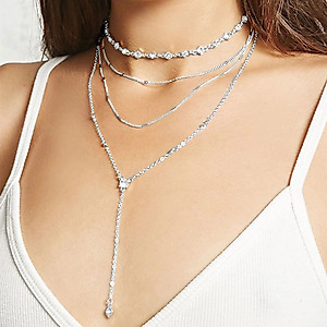 Zehope Layered Y Necklace Silver Rhinestone Necklaces Sparkly Long Elegant Necklace for Women