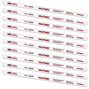 HAUTMEC 12" Hacksaw Blades Replacement Bi-Metal(10 Pack) 32 TPI High Speed Steel Grounded Teeth HT0018-CT