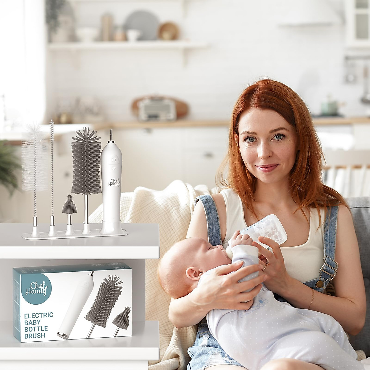 Chefhandy Baby Bottle Brush-Electric Cleaner Set with 4 Brush Heads, Silicone Nipple Brush with Storage Rack,USB Rechargeable and 3 Adjustable Speeds