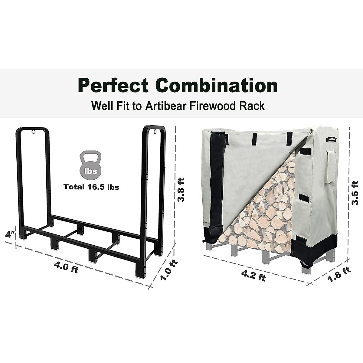 Artibear Firewood Rack Stand 4ft With Log Holder Cover For Outdoor Indoor Fireplace Wood Pile Storage Stacker Organzier