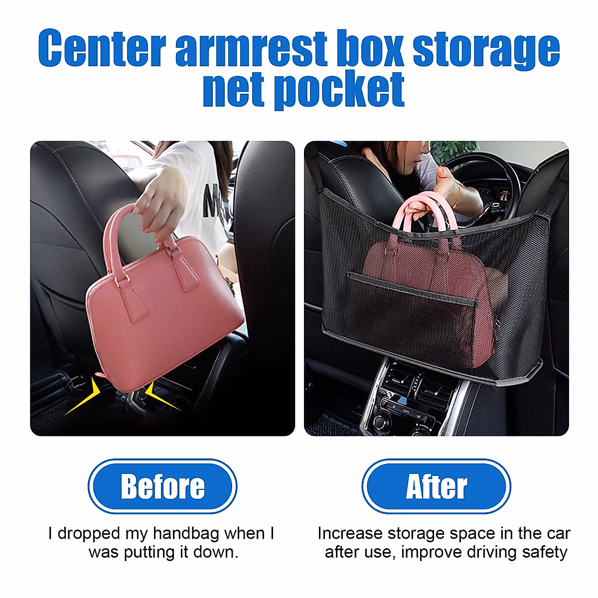 Ziciner Car Net Pocket Handbag Holder, Organizer Mesh Bag Between Two Seat, Driver Storage Netting Pouch for Handbag Purse, Barrier of Backseat Pet Kids, Car Accessories for Women Men (Black)