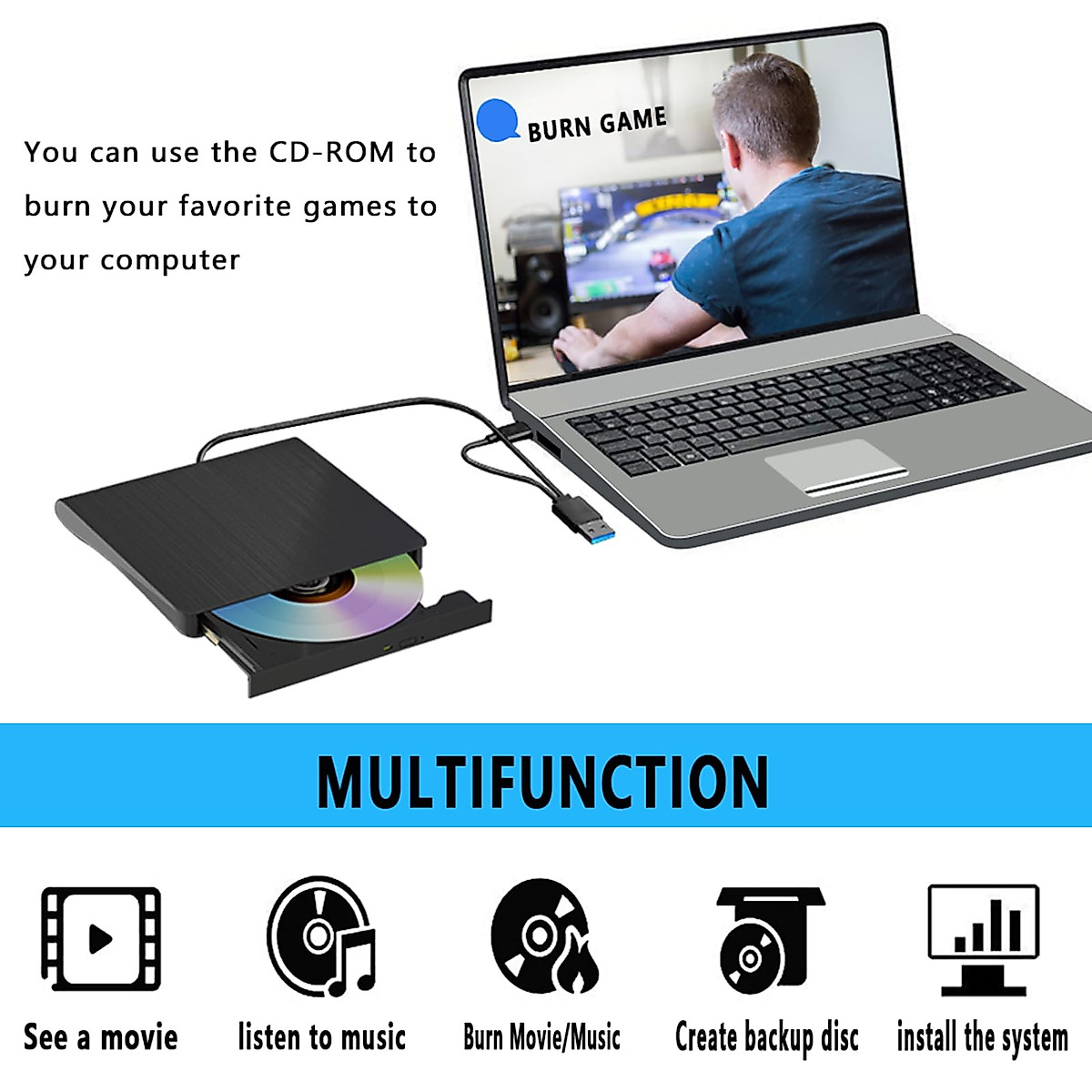 External CD/DVD Drive for Laptop USB 3.0 Portable RW Drive/DVD Player for Laptop CD ROM Burner Compatible with Laptop Desktop PC Windows Linux OS Mac Black