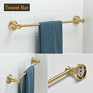 BESy Brushed Gold 4 Piece Bathroom Accessories Set (Single Towel Bar, Towel Ring, Toilet Paper Holder, Double Towel Hooks), Wall Mounted Bath Hardware Accessory Fixtures Set