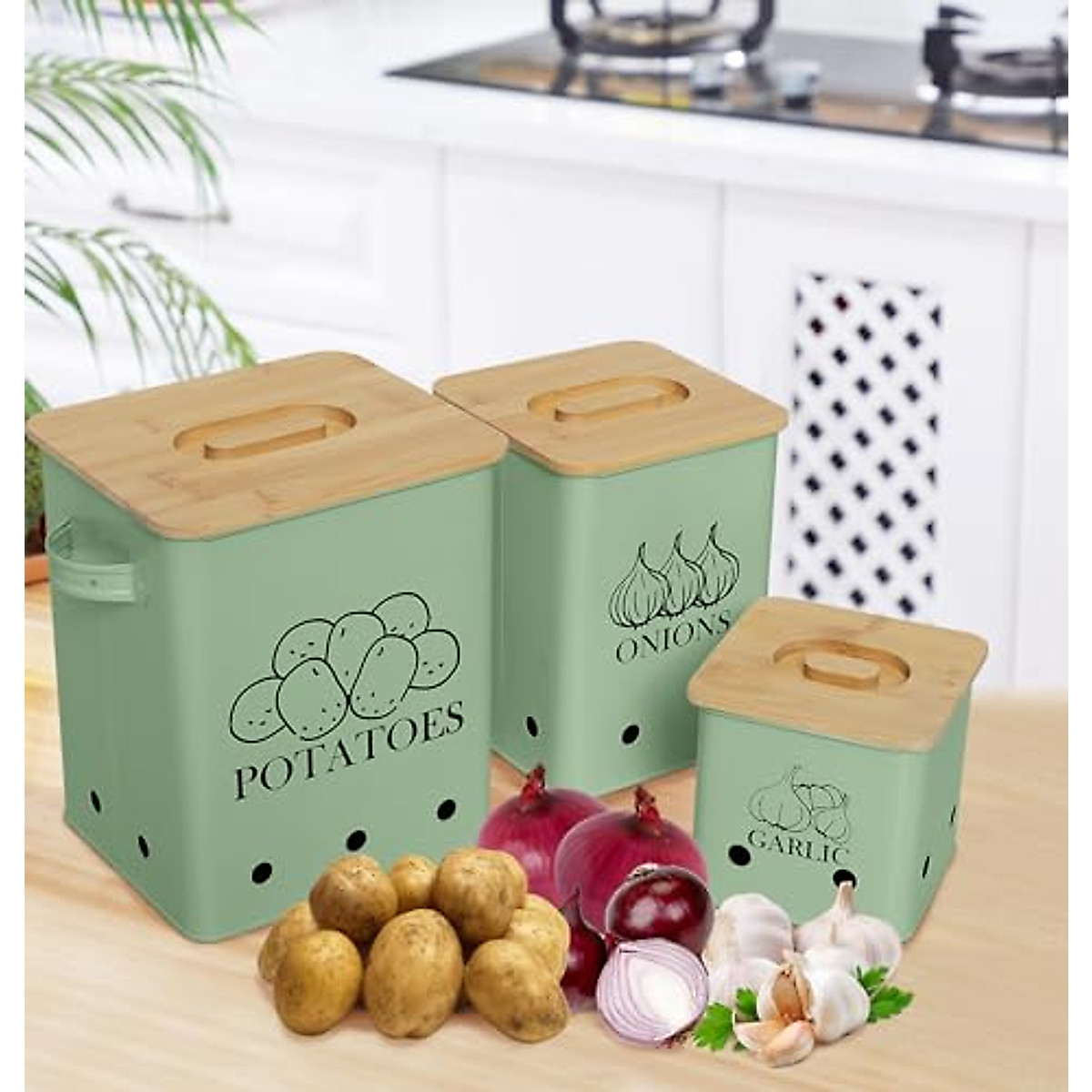 Xbopetda Potato Onion Garlic storage, Canister Sets for Kitchen Counter, Storage Set for Potato Onion Garlic, Kitchen Storage Bin Jars Pots with Aerating Tin Storage Holes & Wooden Lid - Green