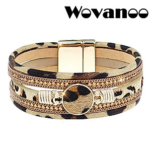 Wovanoo Leopard Leather Wrap Bracelets for Women Multilayer Cuff Bangle with Magnetic Buckle Gift for Birthday, Mother's Day, Valentine's Day Round Buckle