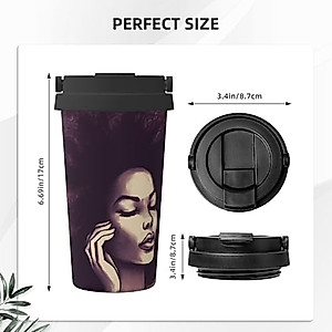 GTKSYNVE Reusable Coffee Mug with Lid and Handle, African Hair Black Women Tumbler for Hot & Cold Drinks 16oz Stainless Steel Insulated Coffee Tumblers Double Wall Vacuum Thermal Cup