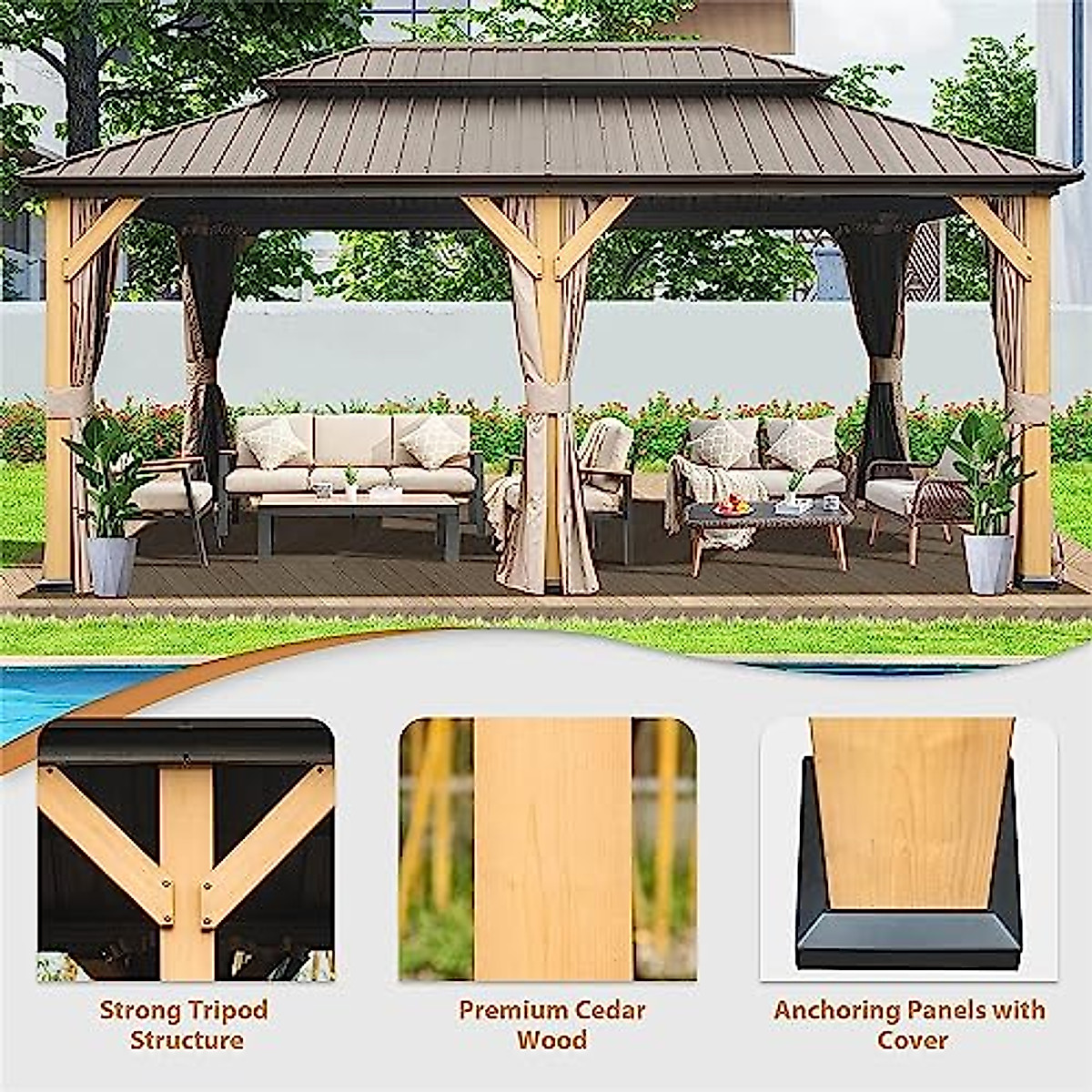 UBGO 12"x20"Hardtop Gazebo,Outdoor Permanent Gazebo with Galvanized Steel Double Roof,Cedar Wood Frame Canopy,Metal Pavilion with Curtains and Netting for Patio, Backyard and Lawn(Brown)