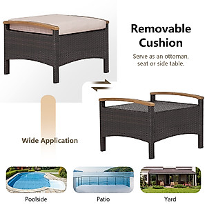 RELAX4LIFE Outdoor Wicker Ottomans for Patio - 2 Pieces PE Rattan Ottoman, Footrest Seat with Zippered Cushions, Acacia Wood Handles, 3-in-1 Footstool, Side Table for Poolside, Backyard (Brown)