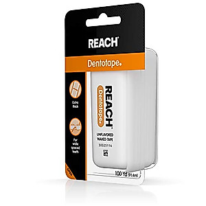 Reach Dentotape Waxed Dental Floss with Extra Wide Cleaning Surface for Large Spaces between Teeth, Unflavored, 100 Yards (Pack of 5)
