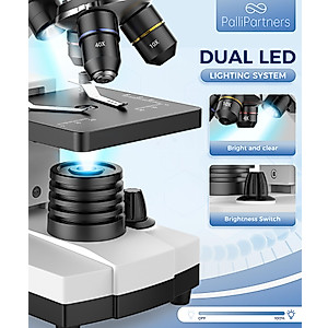 PalliPartners Compound Microscope for Adults & Kids - 100X-2000X High-Power Biological Microscope for Students, School Lab & Home Education, with Slides Set & Phone Adapter (White)