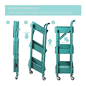 totolot 3-Tier Collapsible Rolling Utility Cart with Lockable Caster Wheels, Metal Storage Cart for Classroom, Office, Bathroom, Blue