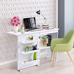 COSTWAY Folding Sewing Table, Multipurpose Craft Station Desk, Display Cabinet with Shelves Storage, Lockable Wheels, Rolling Sewing Machine Desk for Home Apartment, White