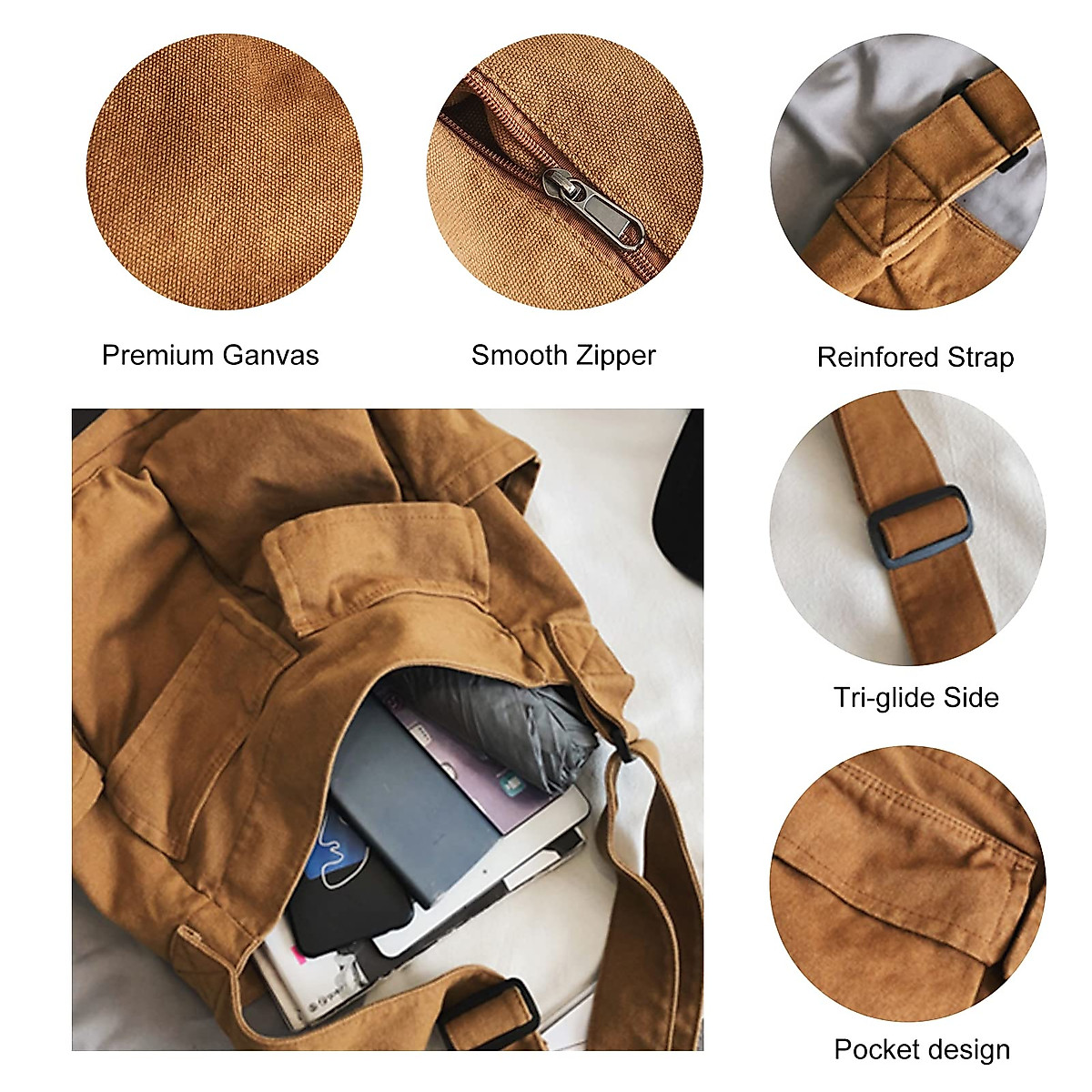 Canvas Messenger Bag Large Hobo Crossbody Bags, Women Men Crossbody Shoulder Bag with Multiple Pockets Canvas Messenger Bag, Large Capacity Art Leisure Bag Canvas Shoulder Tote Bag (Brown)