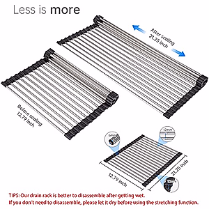 ARAINY Large Telescopic Drain Rack Roll Up Dishes Drying Rack Expandable Kitchen Sink Rack Over The Sink Dish Drying Rack SUS304 Stainless Steel Dish Rack (21.25''x12.79'')