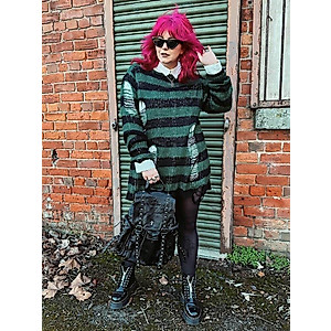 Ro Rox Gothic Knitted Jumper with Distressed Look - Oversized Pullover with Ripped Design, Long Sleeves, Loose Fit, 90s Grunge Style Stripe Pattern, Green, L-XL