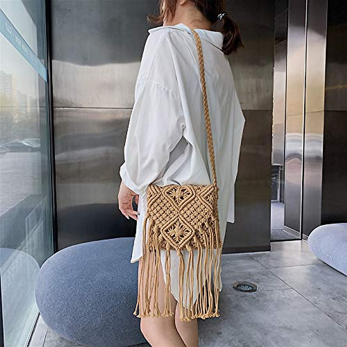Nice Pies Women's Beach Straw Handbag Woven Tote Fishing Net Beach Bag Large Capacity Mesh Rope Combination Handbag (Khaki)