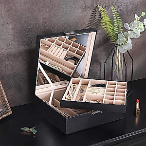 BEWISHOME Jewelry Box Organizer 40 Section Display Tray Jewelry Box for Women 35 Compartments Jewelry Organizer Black