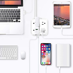 HANDSONIC Power Strip, Mountable Flat Plug Extension Cord with 4 Outlets, 3 USB-A, 1 USB-C, 5 ft Cord, Compact Size Charging Station for Home, Office, Dorm Essentials, Desktop, Travel and Cruise Ship