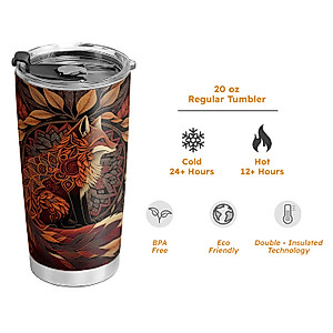20oz Autumn Fox Mandala Gifts for Fox Lovers, Gifts for Her Unique Birthday Gifts for Women, Daughter, Sister, Friends, Inspiration Gifts for Women, Fox Tumbler Cup, Travel Coffee Mug with Lid
