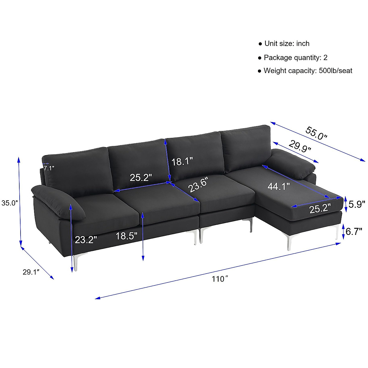 Reversible Sectional Sofa L-Shaped Deep Seated 4-Seater Modern Linen Sofa Couch with Chaise Lounge Iron Feet Indoor Modular Sofa for Living Room (Black)