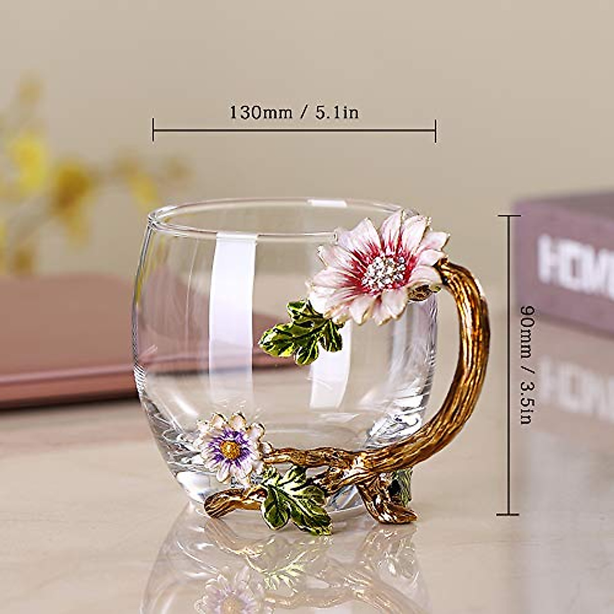 JY-Danbady Enamel Sunflower Crystal Lead-Free Glass Tea Cup with Spoon Set, Present for The Christmas, Valentine's Day.Best Present for Mother, Grandma, Girlfriend, Sister.