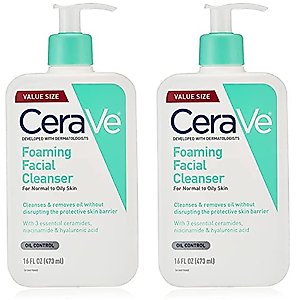 Foaming Facial Cleanser, Makeup Remover and Daily Face Wash for Oily Skin, Paraben & Fragrance Free, 2 Pack of 16 Fl Oz