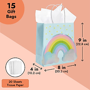 Rainbow Gift Bags with Handles and White Tissue Paper (15 Pack)