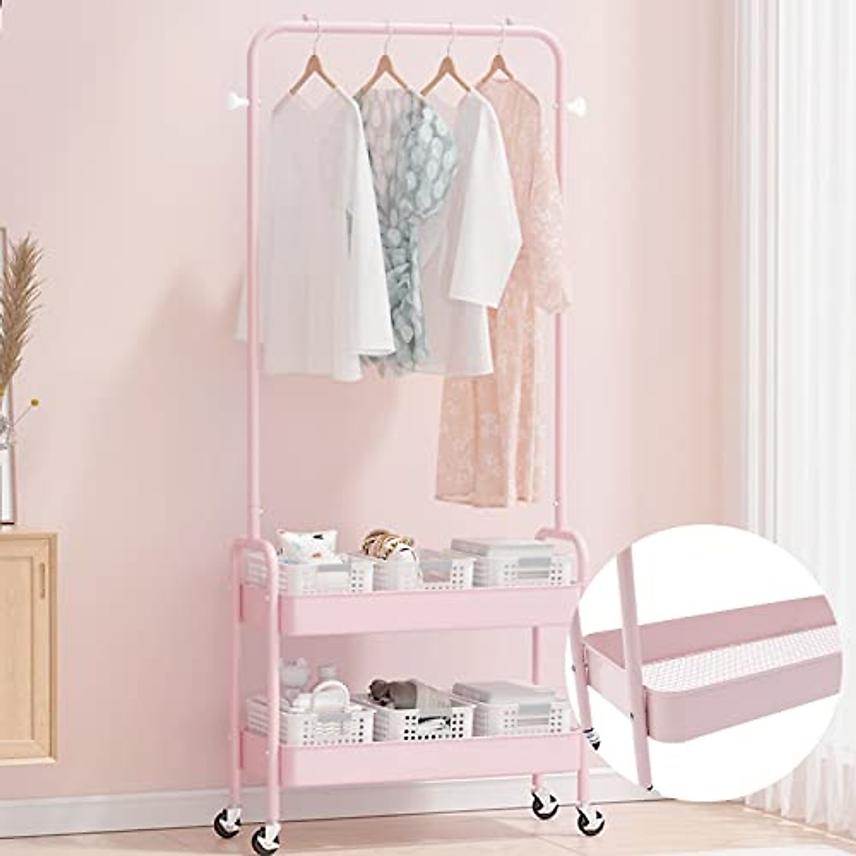 Modern Garment Rack Clothing Stand with 2 Tier Metal Basket and Universal Wheel Square Suit Dress Garment Rack Dress Display Stand Floor Hanger Storage Rack for Home Wedding Clothing Store (Pink)