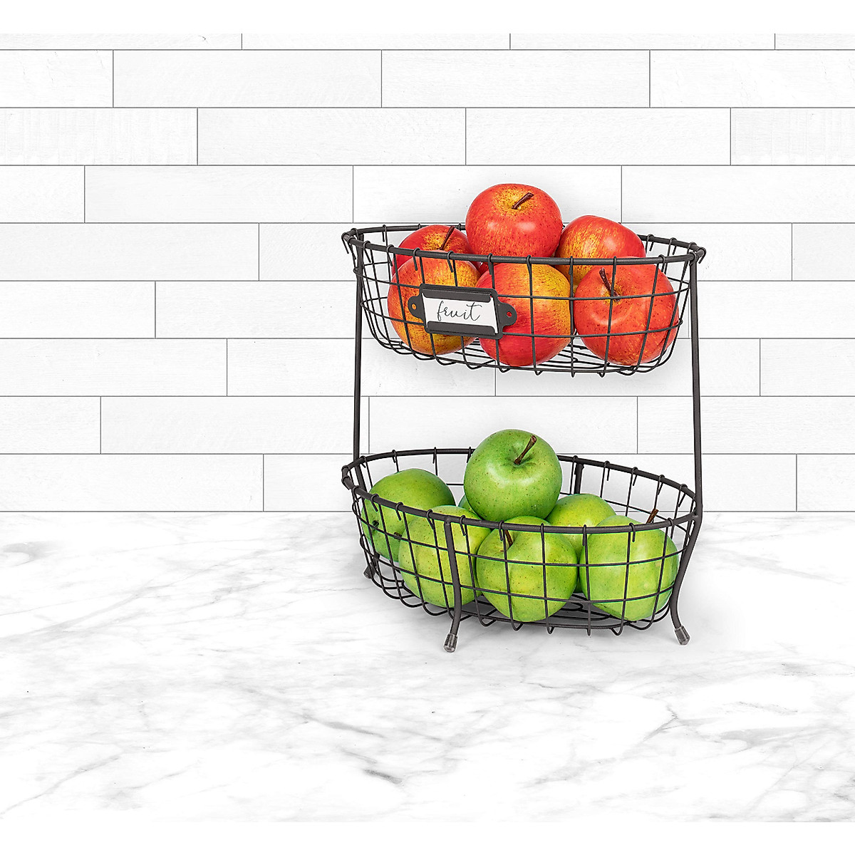 Spectrum Diversified Vintage Living Oval Server Stacked, 2-Tier Bowls, Dining Table & Kitchen Counter Organizer, Modern Fruit Basket Stand, Industrial Gray (A19676)