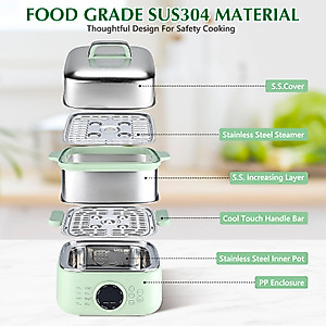 spoonlemon Electric Food Steamer, 9.3L 2-Tier Digital Steamers for Cooking with 24H Booking & 6H Auto Warming, 8 Modes Fast Heating Vegetable Steamers Stainless Steel with Boil Dry Protection, Green